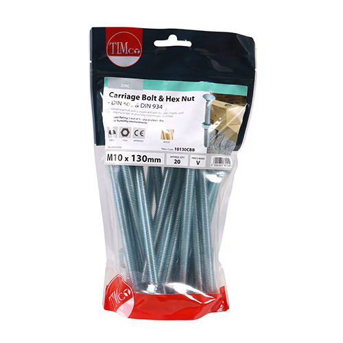 M10 x 130 Carriage Bolt & Hex Nut - BZP 20 PCS - Screws & Fasteners