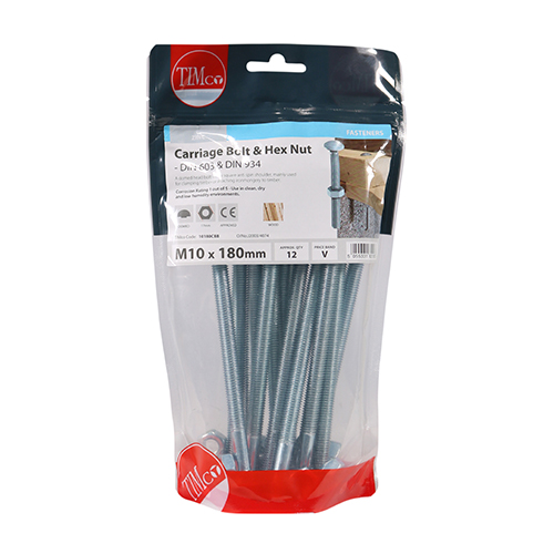 M10 x 180 Carriage Bolt & Hex Nut - BZP 12 PCS - Screws & Fasteners
